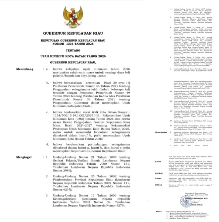 UMK Batam 2026 Resmi Rp. 5.357.982, Berlaku Mulai Januari